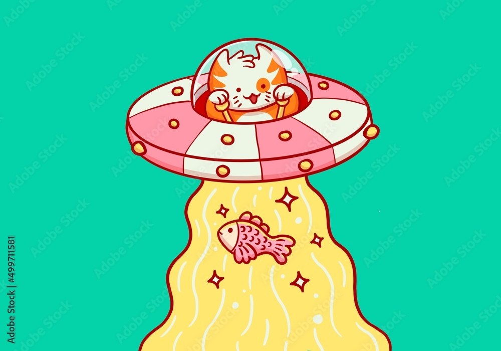 Funny illustration of happy cat in ufo flying saucer abducting little ...