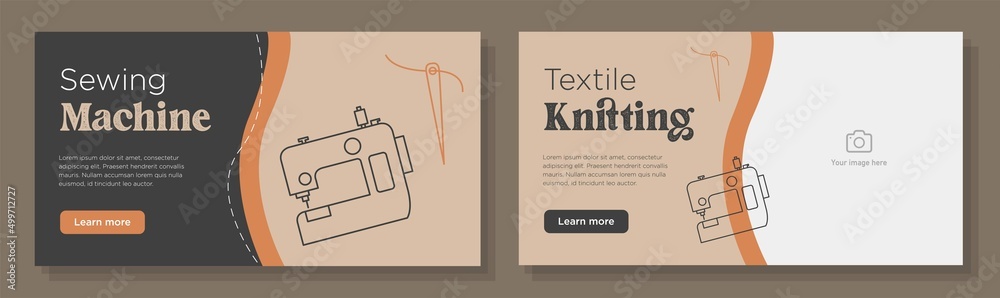 Textile sewing machine online banner template set, fabric needle ...
