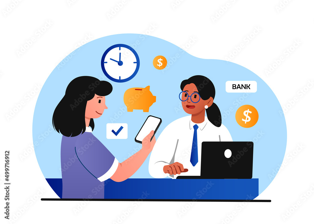 Bank service concept. Girl in glasses at laptop conducts transaction of ...