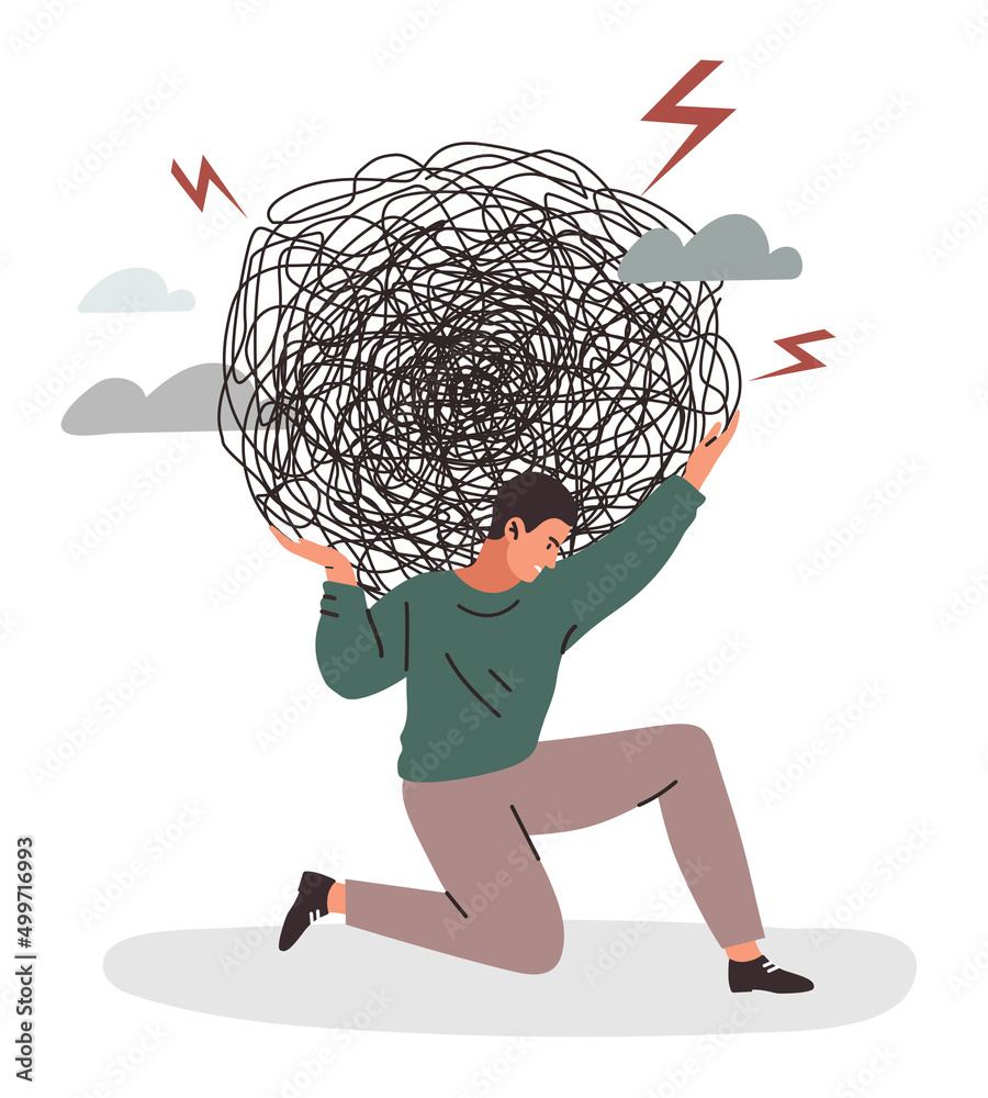 Stress burden concept. Man hardly bears lump of doubt, pensive ...