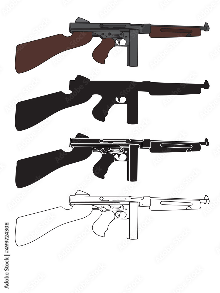 Tommy gun. American submachine gun. Vector illustration set Stock ...