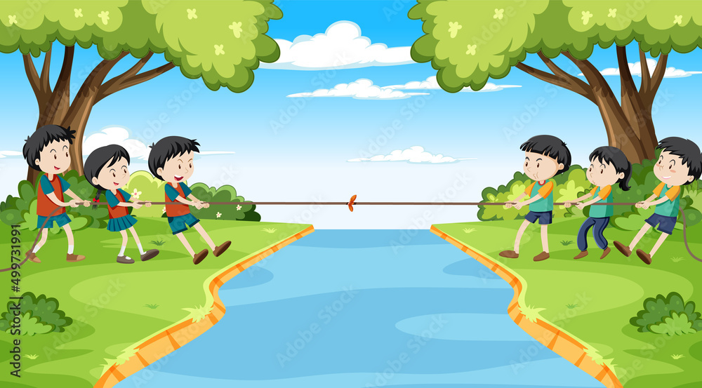 Children playing pulling rope together Stock Vector | Adobe Stock