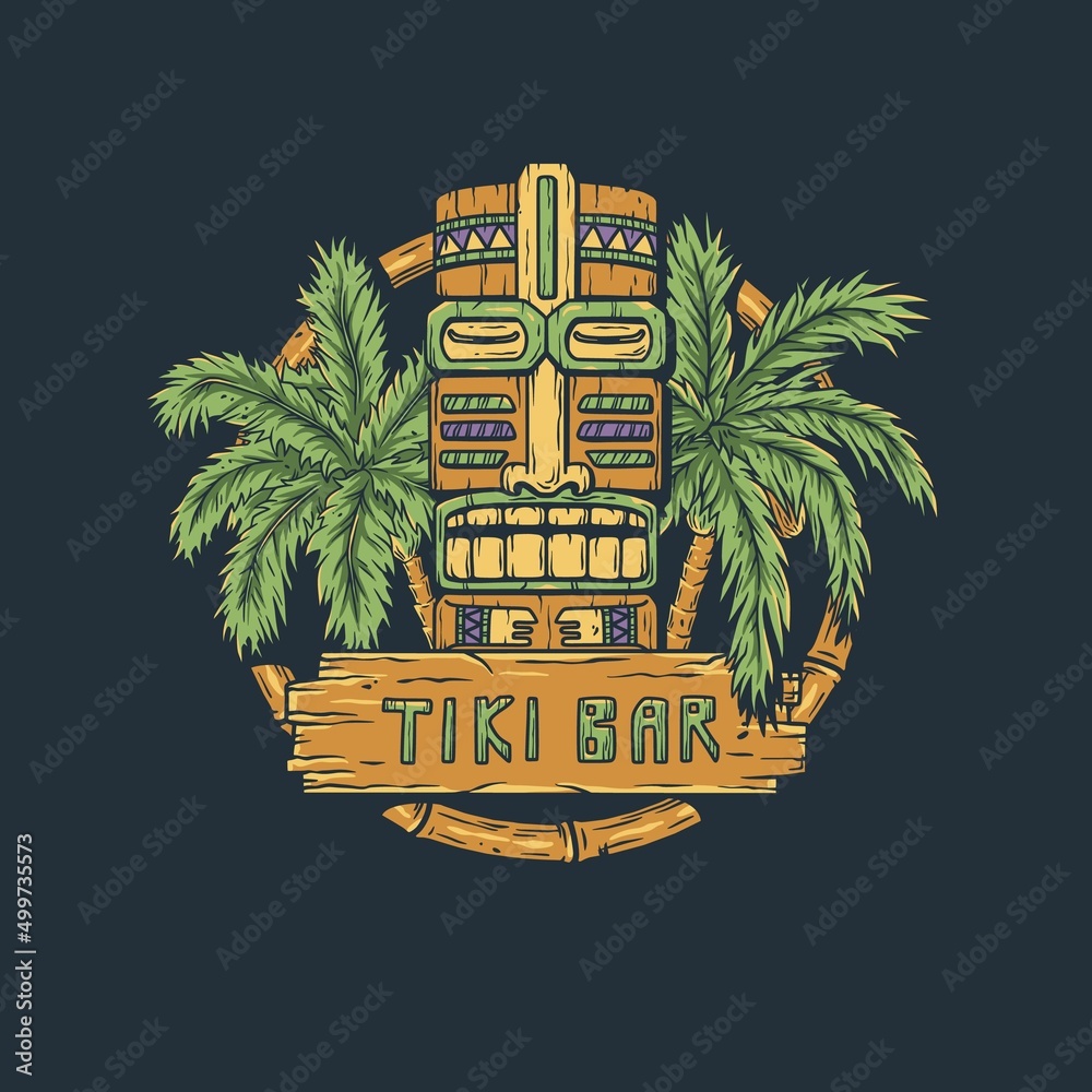 Tiki bar with tiki mask, wooden signboard and tropical leaves of palm ...