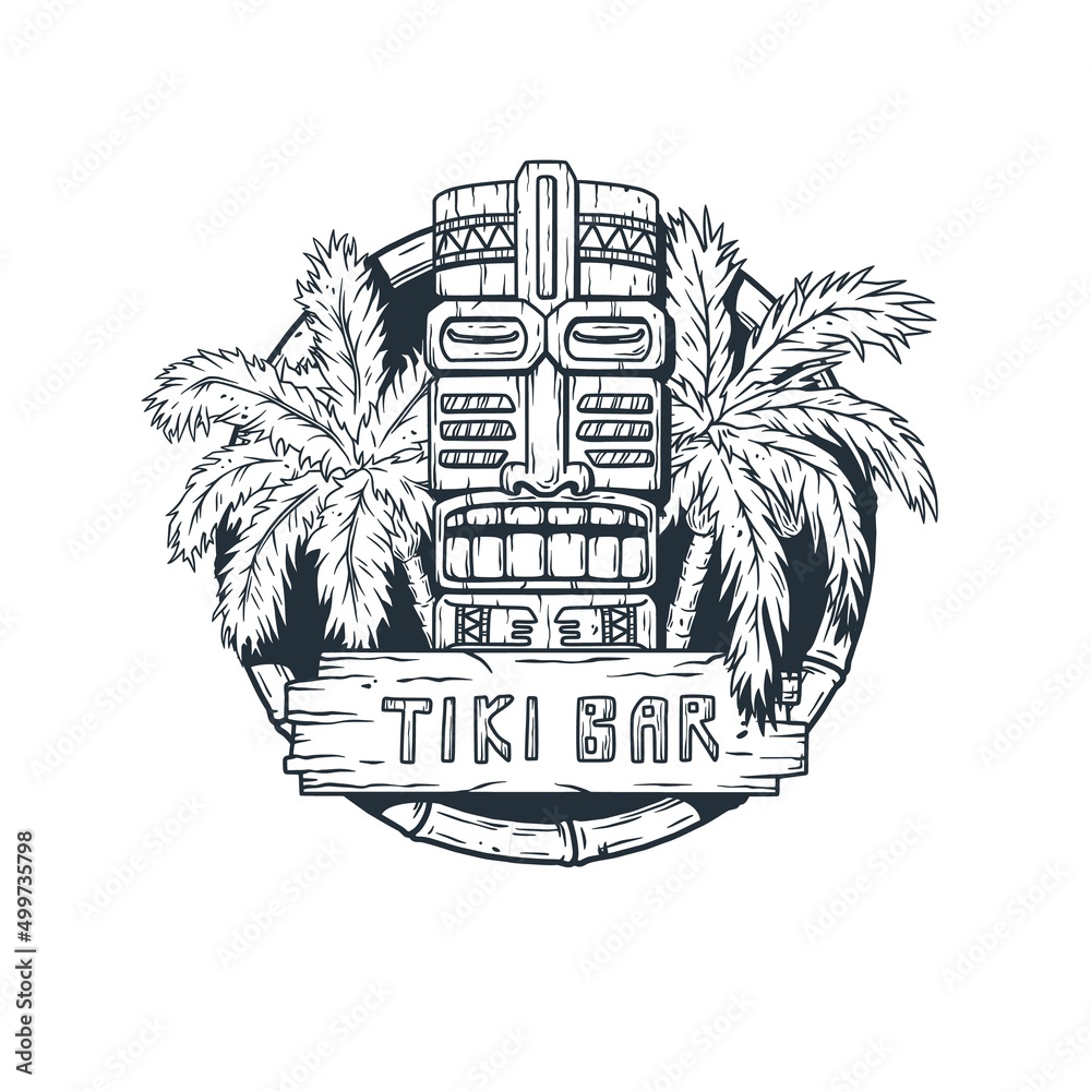 Tiki bar with tiki mask, wooden signboard and tropical leaves of palm ...