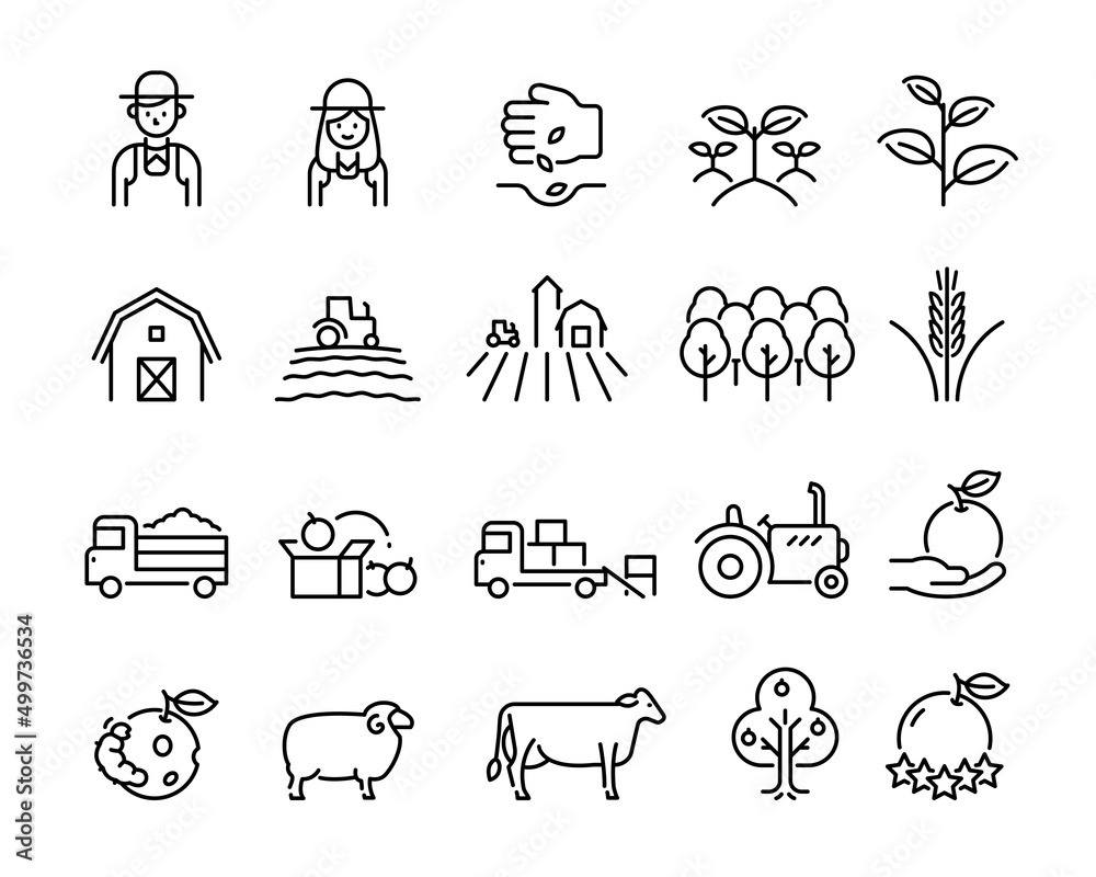 Set icons for farming, growing crops, raising animals, simple design ...