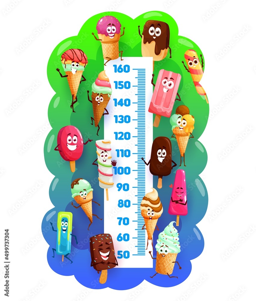 Kids height chart. Ice cream funny characters, vector growth meter tall ...