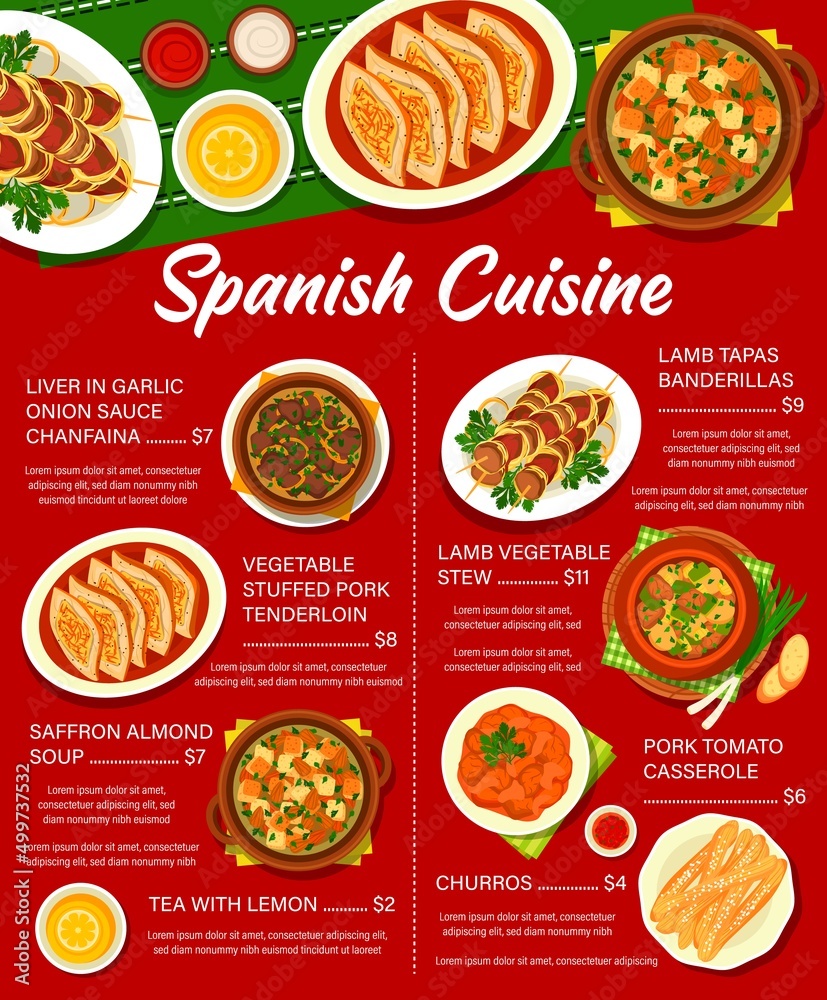 Spanish cuisine menu, restaurant lunch dishes and dinner meals, vector ...