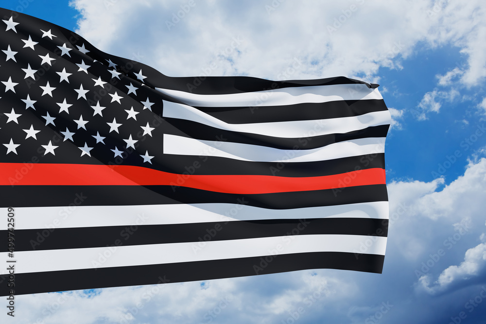Thin Red Line Firefighter Flag on a background of sky. USA flag ...