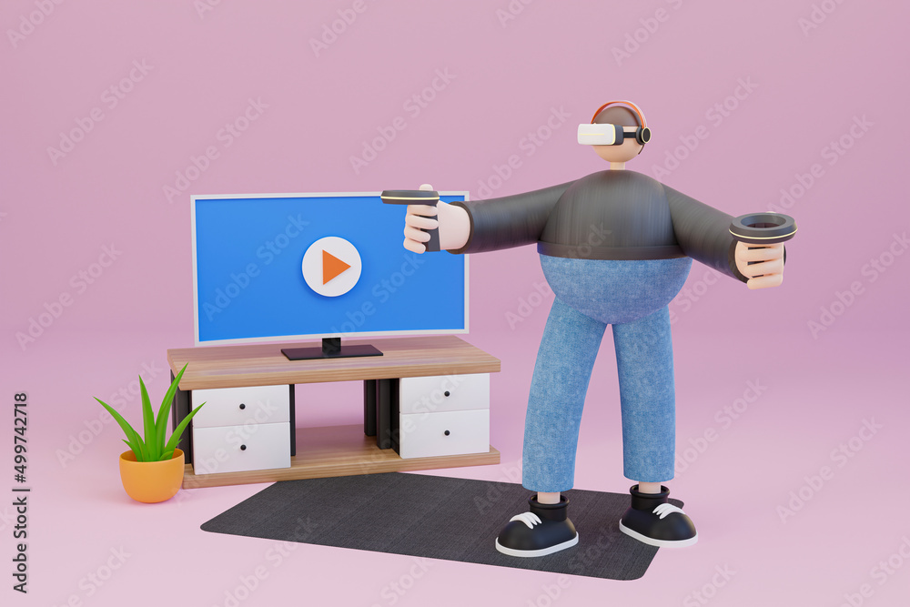 3D cartoon character Man playing game using virtual reality headset and ...