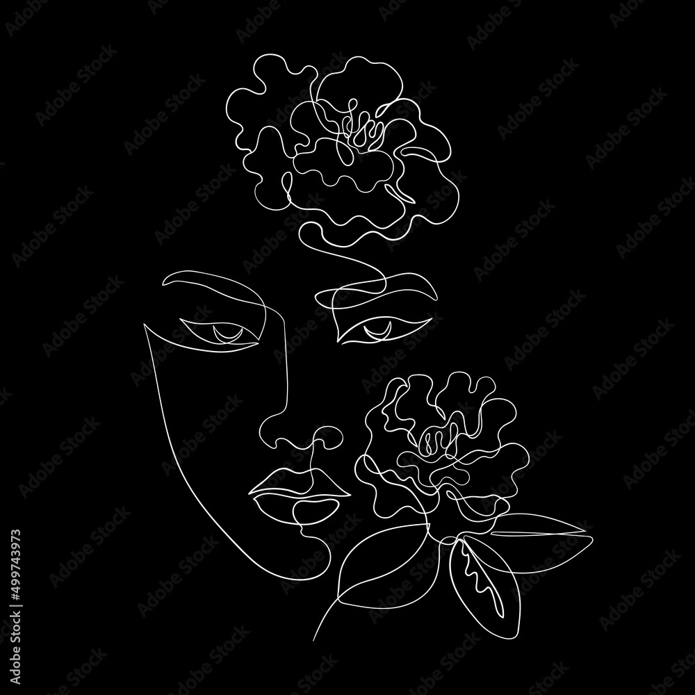 Asian girl line art, drawn with one line. On a black background, a ...