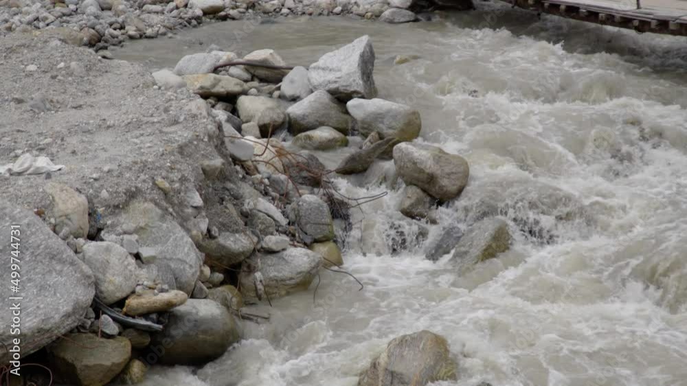 Himalayan mountainous river flowing through Himalayan valley and hills ...