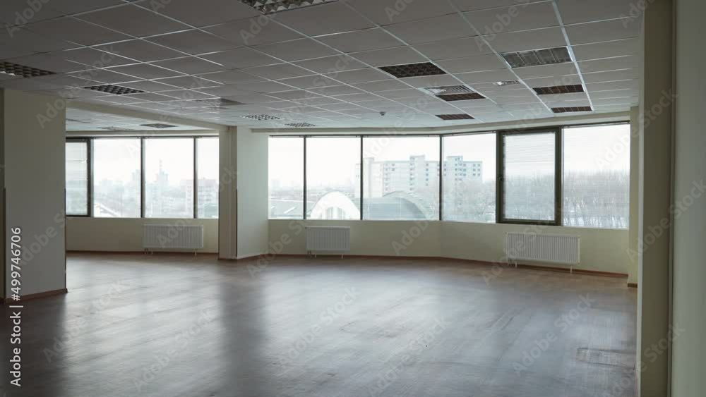 Workspace interior, walk through the office space inside skyscraper ...