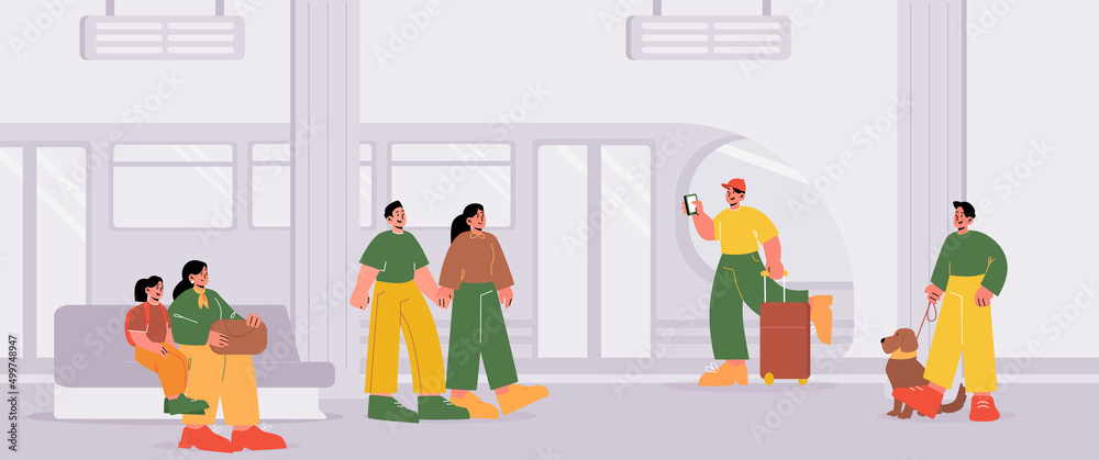 Railway station with people on platform and train. Vector cartoon ...