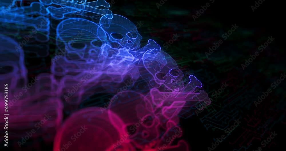 Skull pirate, online cyberattack, hack, threat and breach security hologram symbol on a ...