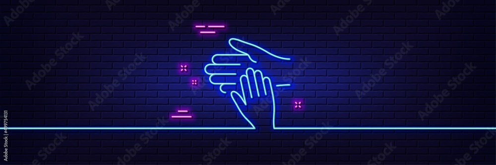 Neon light glow effect. Volunteer care line icon. Helping hand sign ...