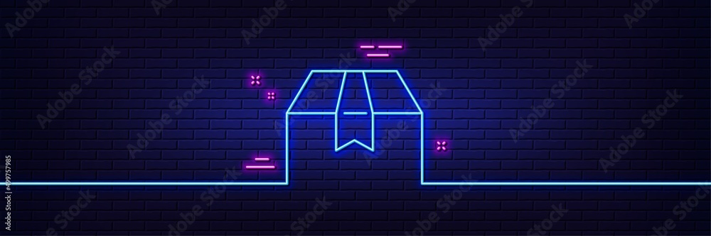 Neon light glow effect. Package box line icon. Delivery parcel sign ...