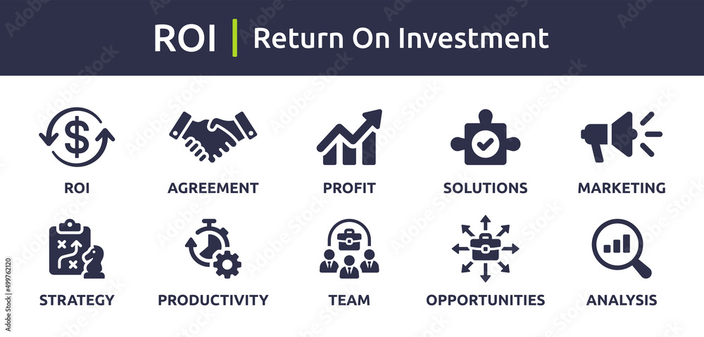 ROI, Return on investment, Business and financial icon set isolated on ...