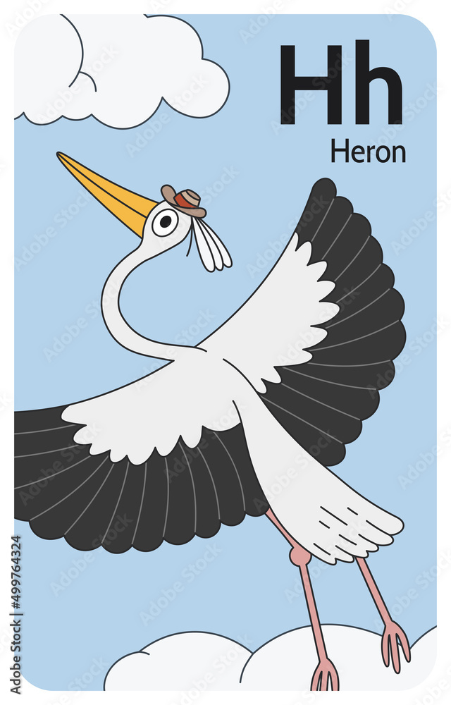 Heron H letter. A-Z Alphabet collection with cute cartoon animals in 2D ...