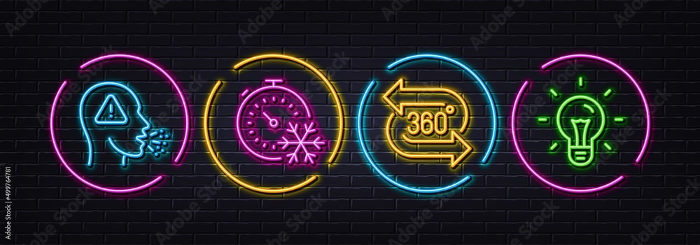 Cough, Freezing timer and 360 degree minimal line icons. Neon laser 3d lights. Idea icons. For ...