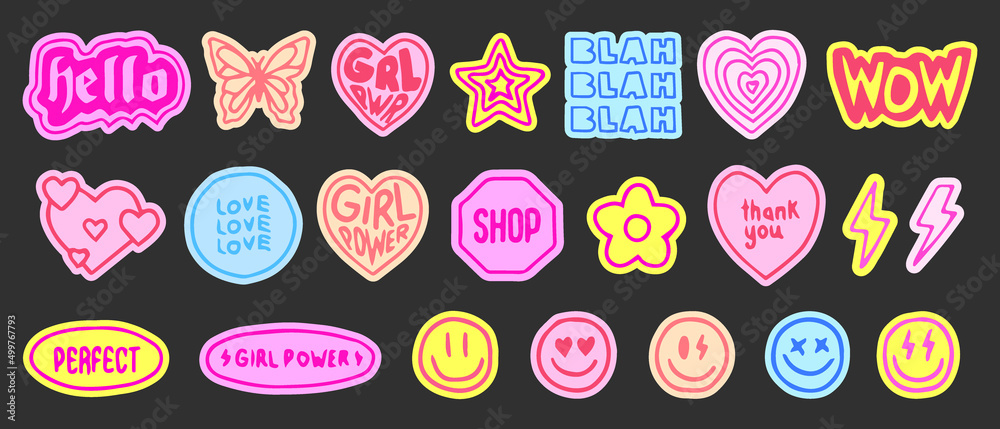 Collection of Cool Cute Hand Drawn Stickers Vector Design. Trendy Girly ...