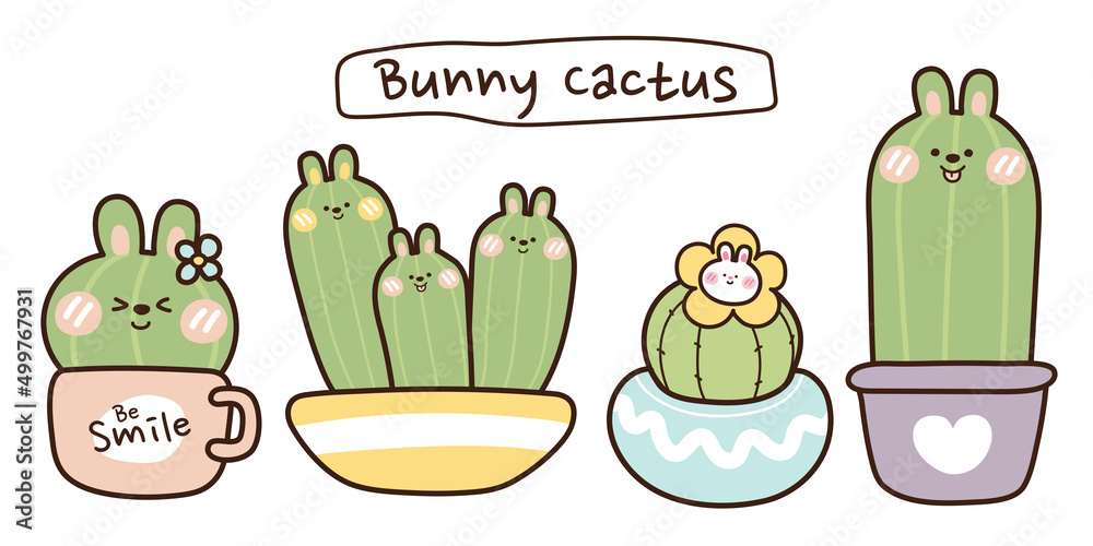 Variety of hand drawn bunny cactus on white background set.Collection ...
