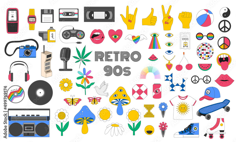 A set of retro symbols of the 90s. Gestures, tape recorder, clothes ...