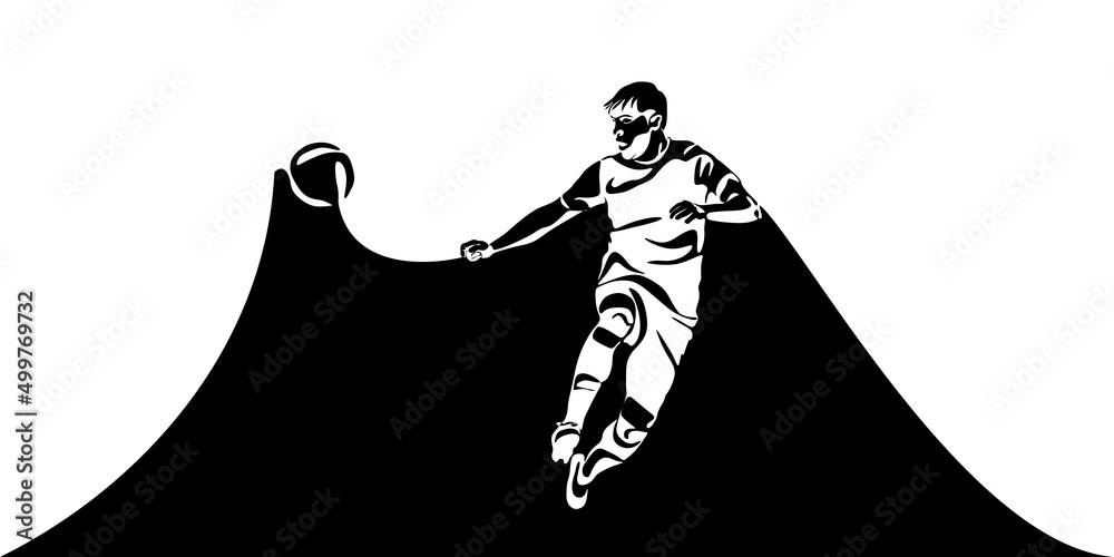 Football, soccer player kicking ball, side view. Isolated vector black ...