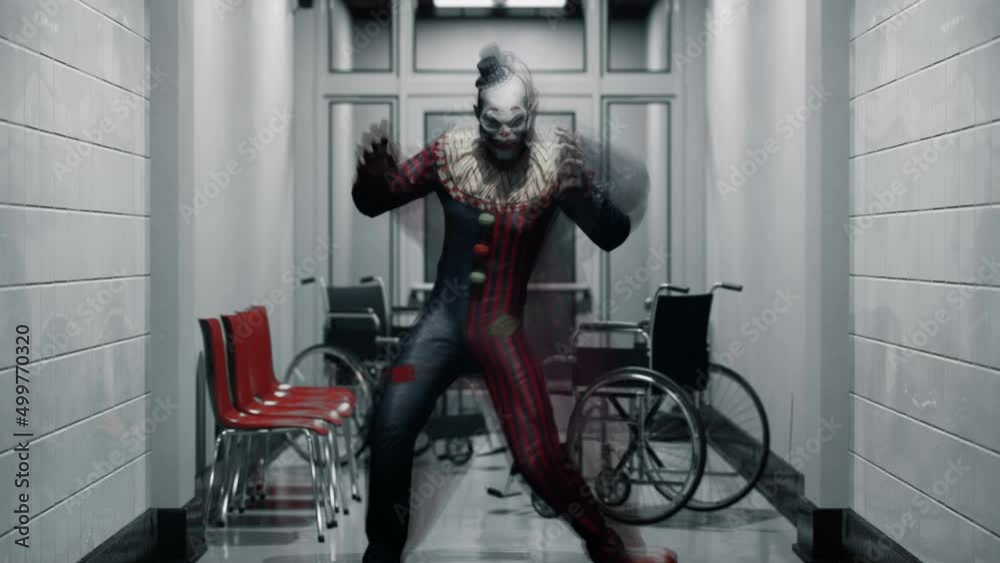 Surrealistic clown dancing in a deserted hospital building. A clown ...