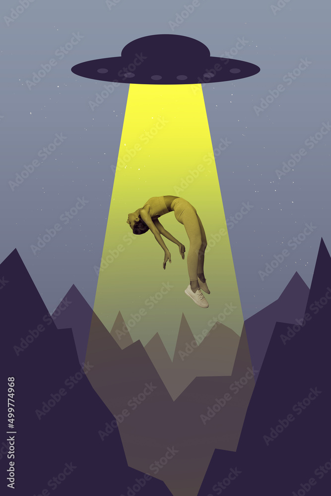 Creative drawing collage of alien spacecraft kidnapping sleeping young ...
