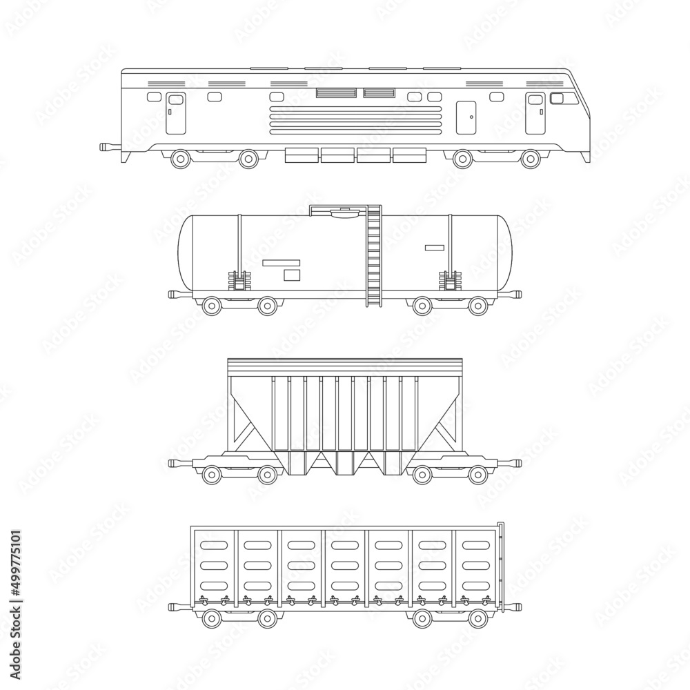 Cargo wagons and tank wagons of a railway train. Line drawings of ...