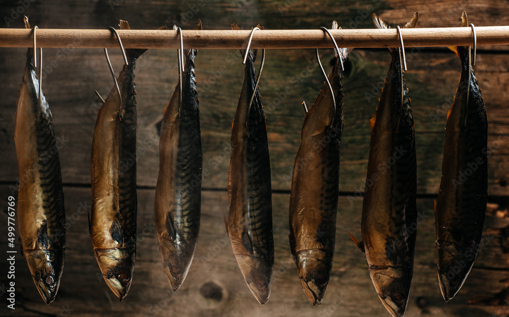 Fish Smoking Process For Home Use. fish hanging side by side in a ...