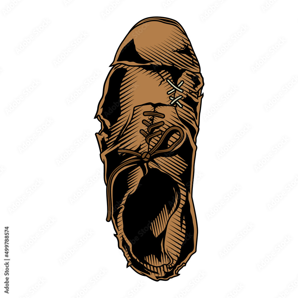 Ripped old shoe. Vector illustration of of old unsewn boot in engraving ...
