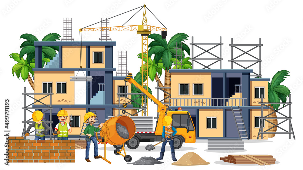 Building construction site with cartoon workers Stock Vector | Adobe Stock
