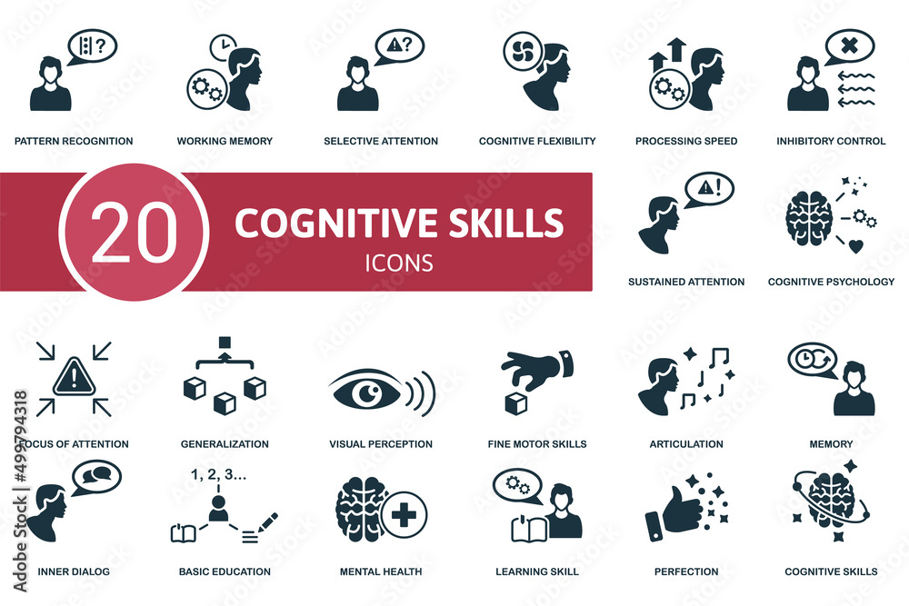 Cognitive Skills set icon. Contains cognitive skills illustrations such ...