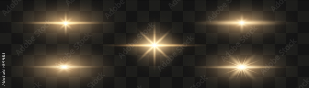 Abstract flash with glowing line, sunrise, shining golden stars. Ray ...