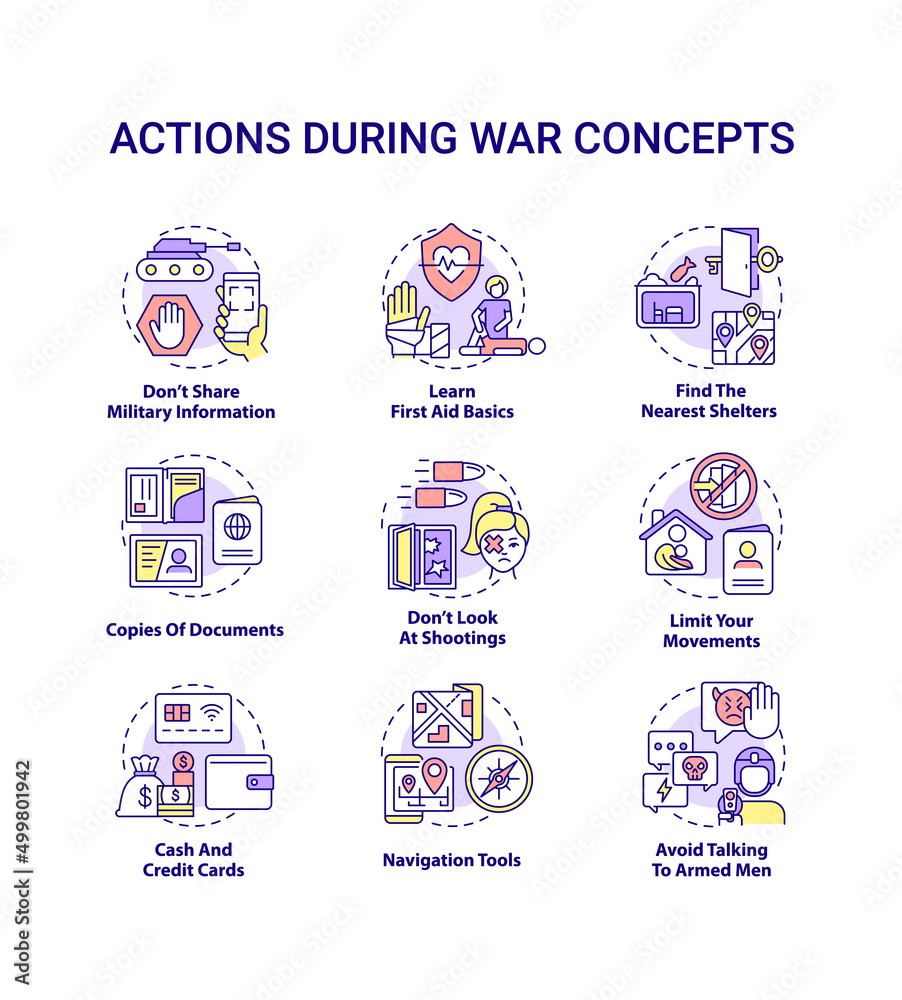 Action during war concept icons set. How to stay safe and survive. Tips ...