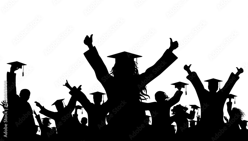 Happy graduates in graduation academic caps. Cheerful people silhouette ...