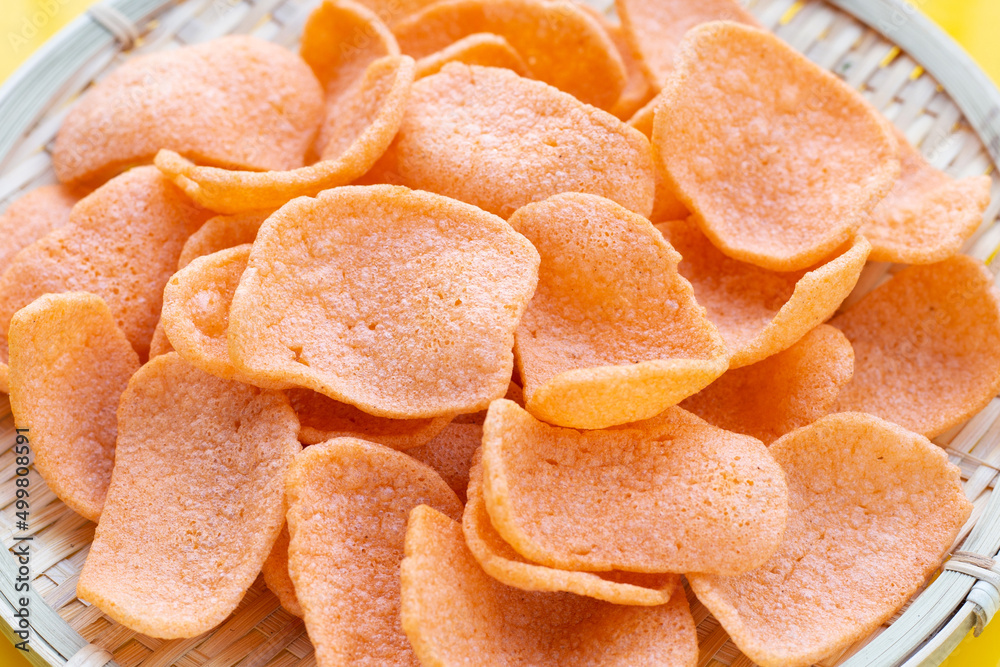 Prawn crackers on white background. Shrimp crispy rice snack Stock ...