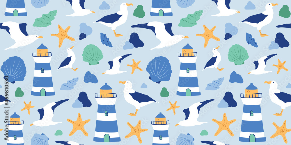 Coastal ocean beach themed illustration print with albatross, seashells ...