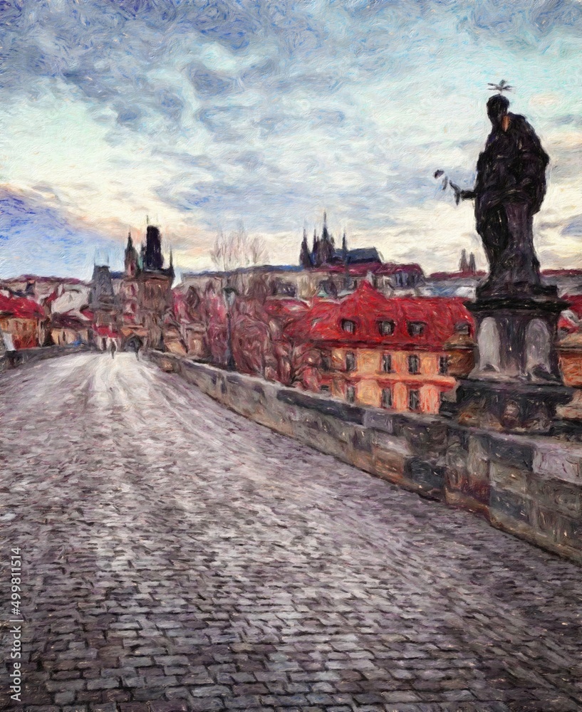 Prague Czechia drawing in oil city center vintage houses and ...