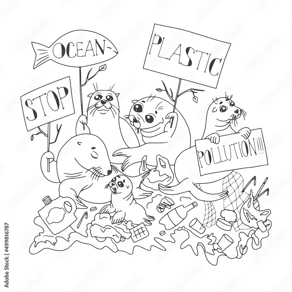 Stop ocean platinum pollution. Fur seals hold posters with slogans. The ...