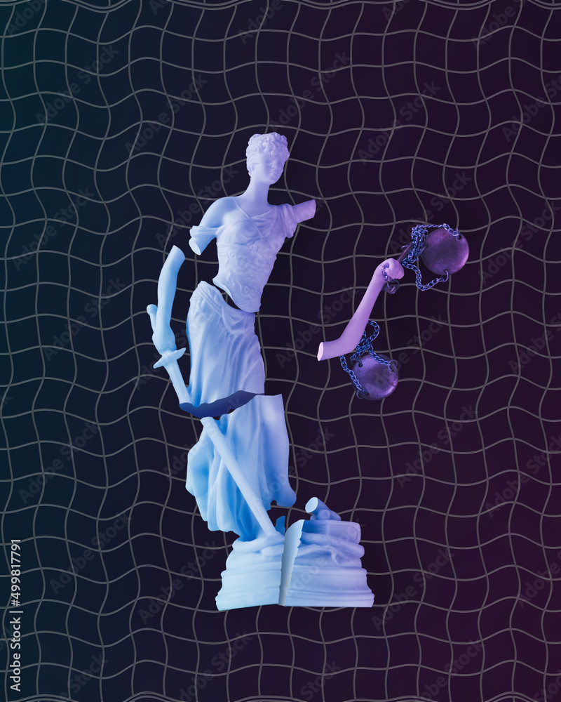 Broken statue of Lady Justice on isolated dark background with a zig ...
