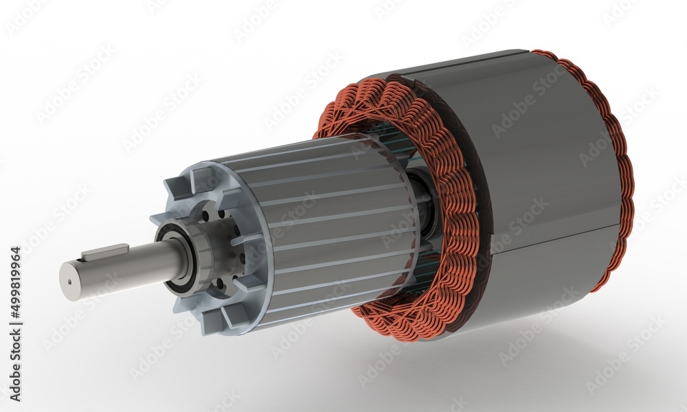 Stator and rotor exploded view presentation used on electric motor, 3D ...
