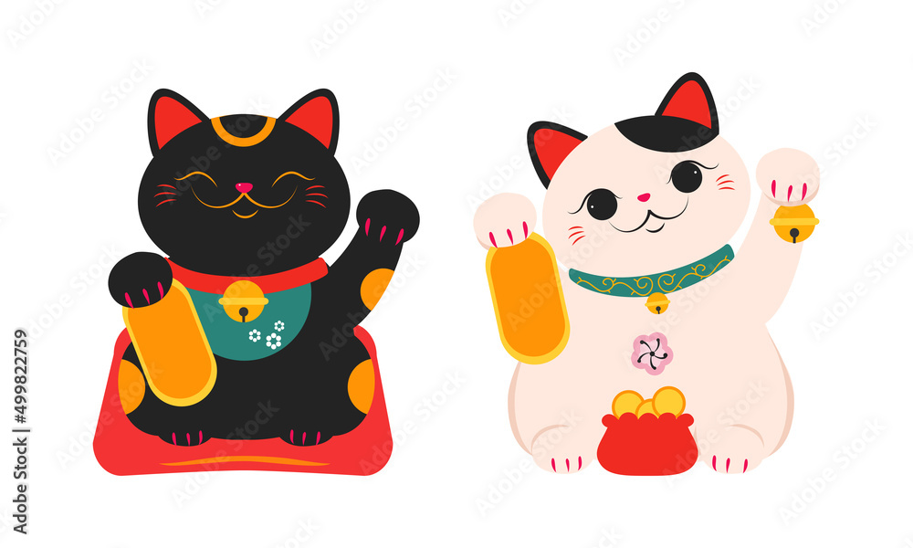 Cute black and white Maneki Neko, Japanese lucky cats. Feng Shui ...