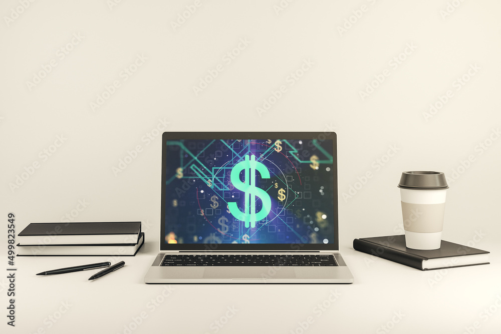 Modern computer monitor with creative USD symbols hologram. Banking and ...