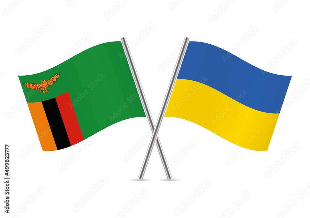 Zambia and Ukraine flags. Zambian and Ukrainian flags on white background. Vector icon set ...