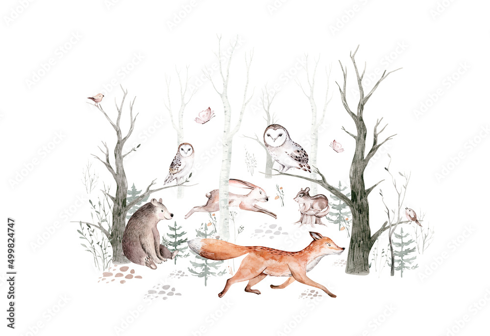 Woodland animals set. Owl, hedgehog, fox and butterfly, Bunny rabbit ...