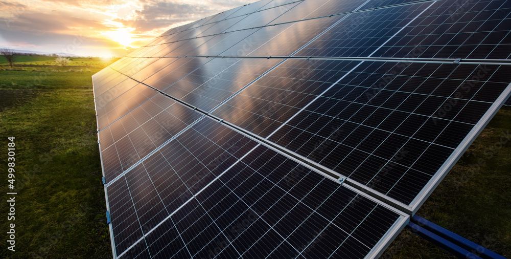 Solar panels on sky background. Solar power plant. Green electricity ...