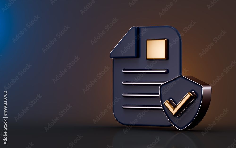 Document check mark icon with security shield on dark background 3d ...
