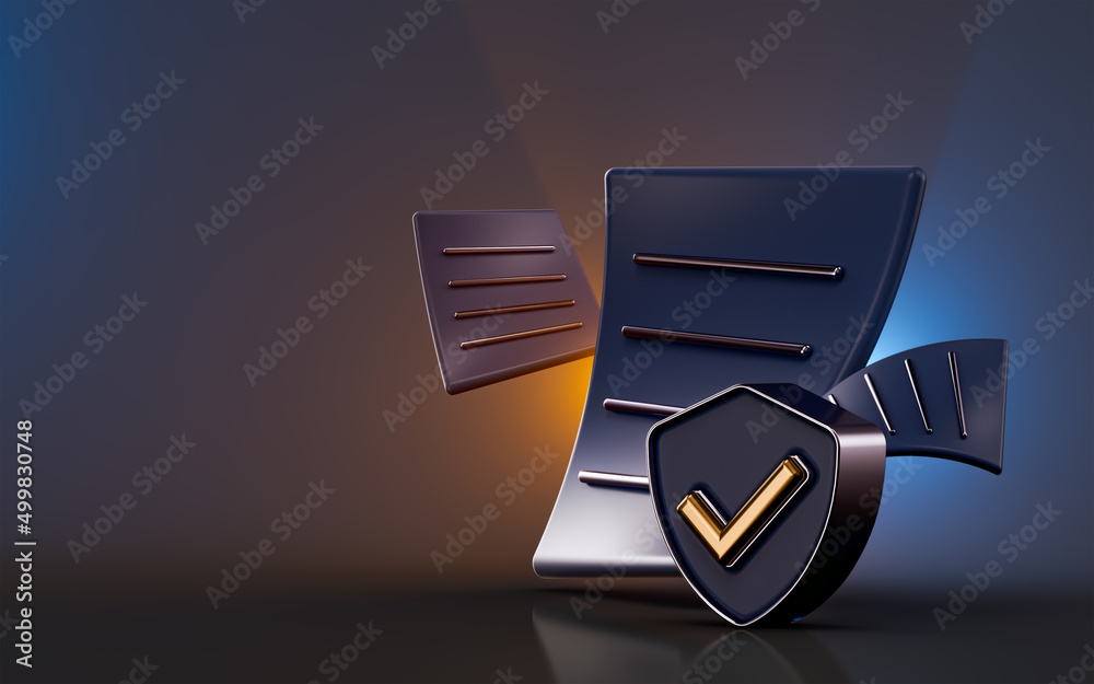 Document check mark icon with security shield on dark background 3d ...